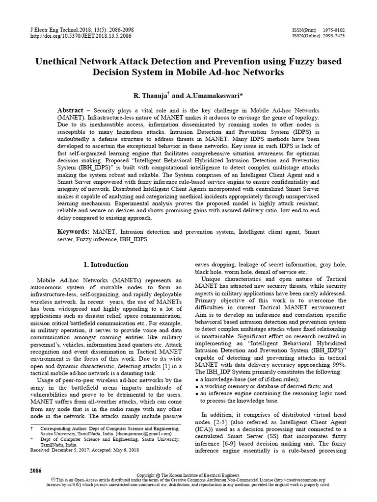 Unethical Network Attack Detection and Prevention Using Fuzzy Based Decision System in Mobile Ad ...