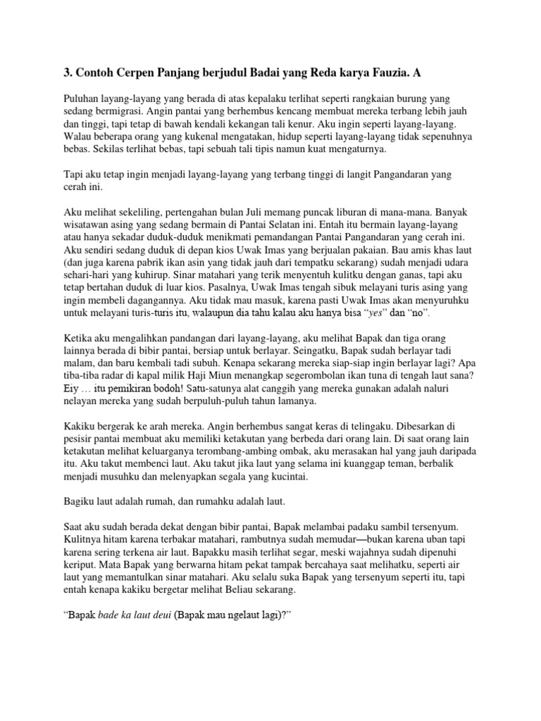 Contoh Cerpen Panjang Berjudul Badai Yang Reda Karya Fauzia. A | PDF
