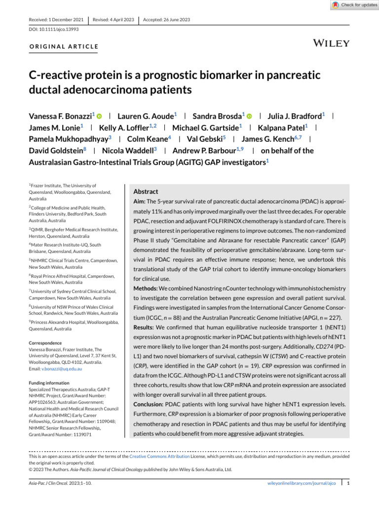 Asia-Pac J CLNCL Oncology - 2023 - Bonazzi - C Reactive Protein Is A Prognostic Biomarker in ...