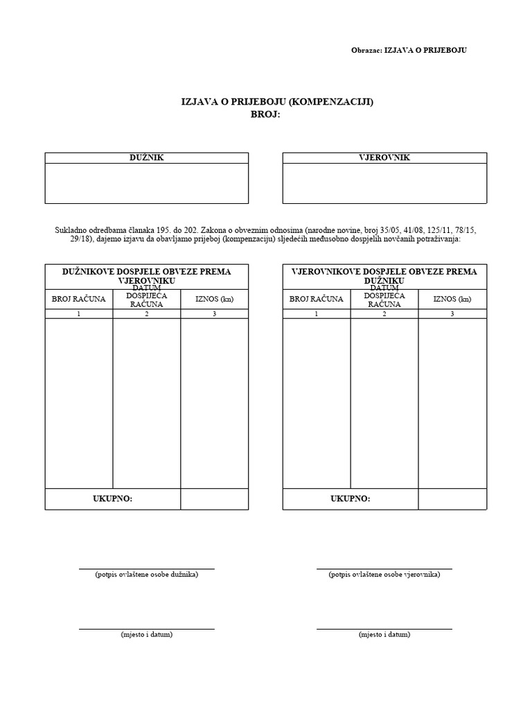 Kompenzacije Obrazac | PDF