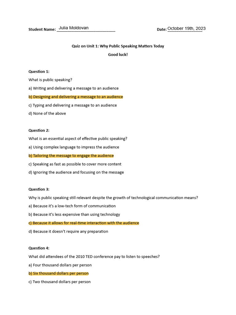 Public Speaking Quiz: Unit 1 Overview | PDF | Communication | Public ...
