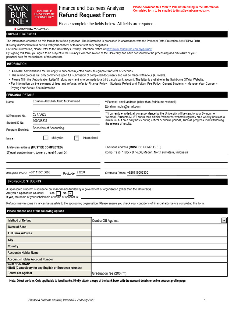 Refund-Request-Form-Version-2022 (Ebrahim) | PDF | Payments | Banks