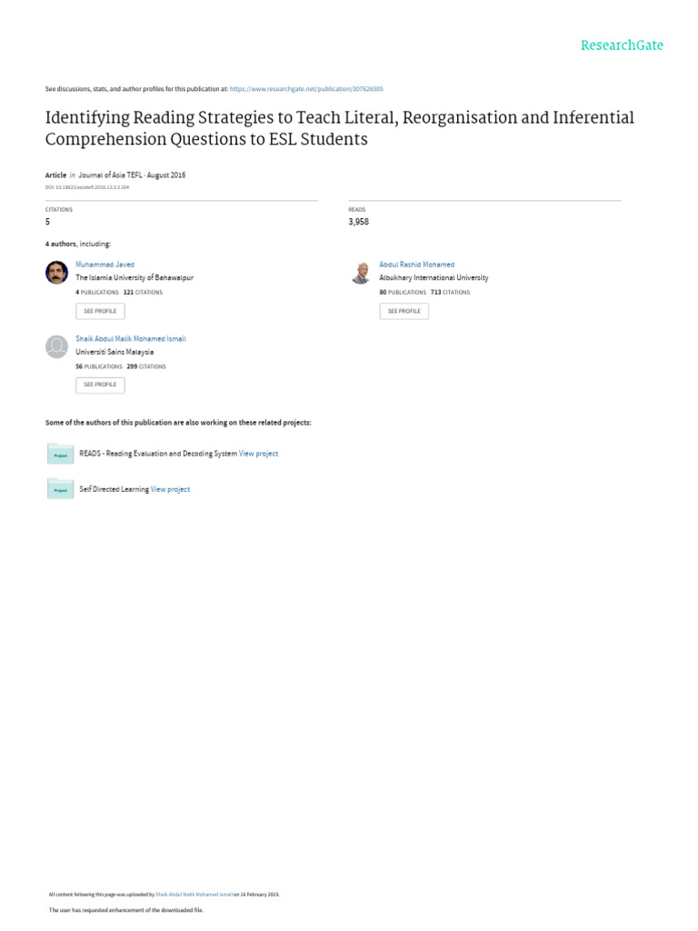 Identifying Reading Strategies To Teach Literal Re | PDF | Reading Comprehension | English As A ...