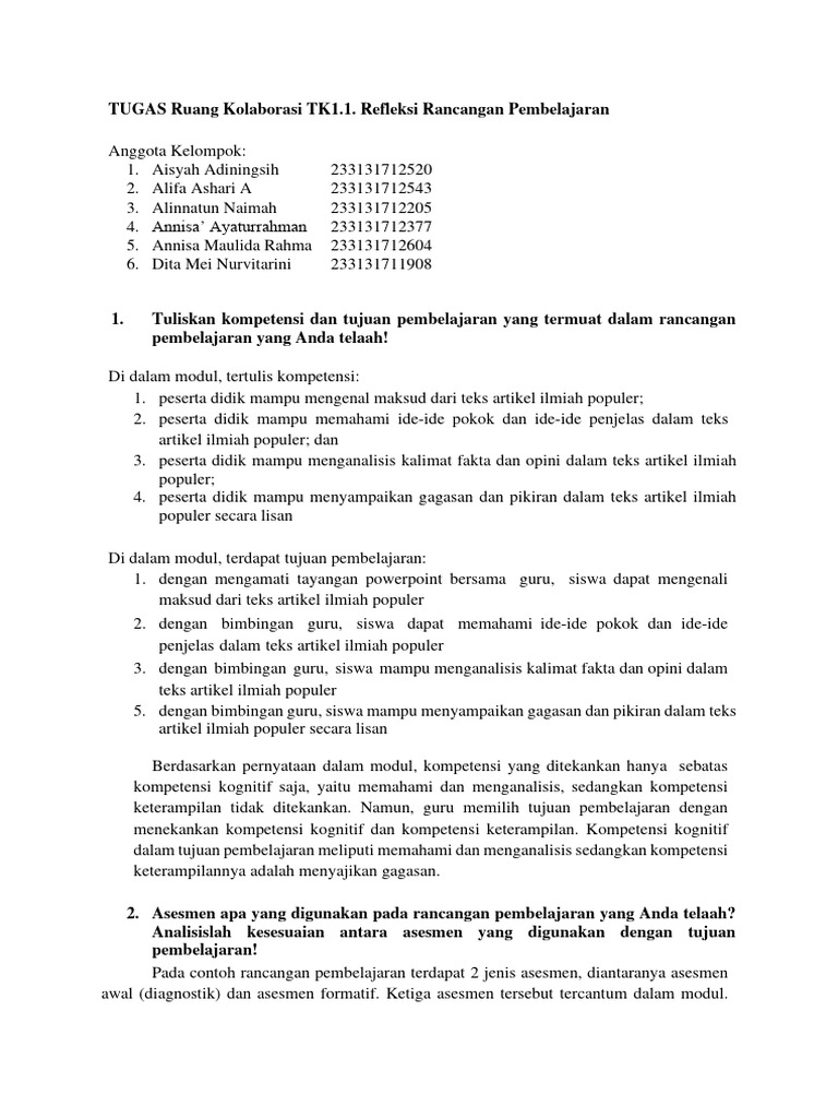 SMP LAB UM TK1.1 Refleksi Rancangan Pembelajaran | PDF | Karier & Perkembangan