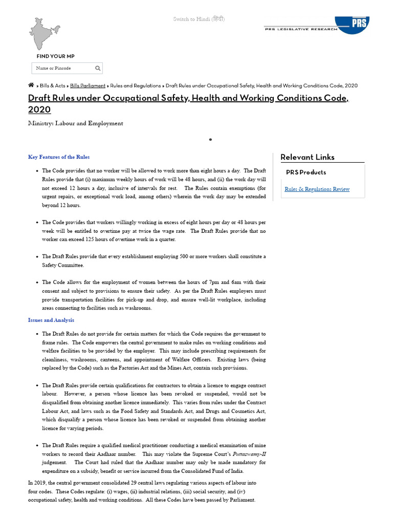 Draft Rules Under Occupational Safety, Health and Working Conditions ... Draft Rules Under Occupational Safety, Health and Working Conditions ...