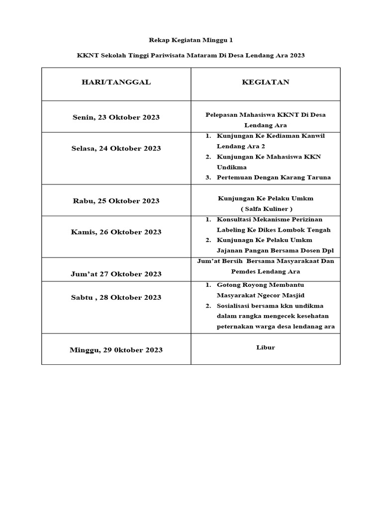 Rekap Kegiatan Mingguan | PDF