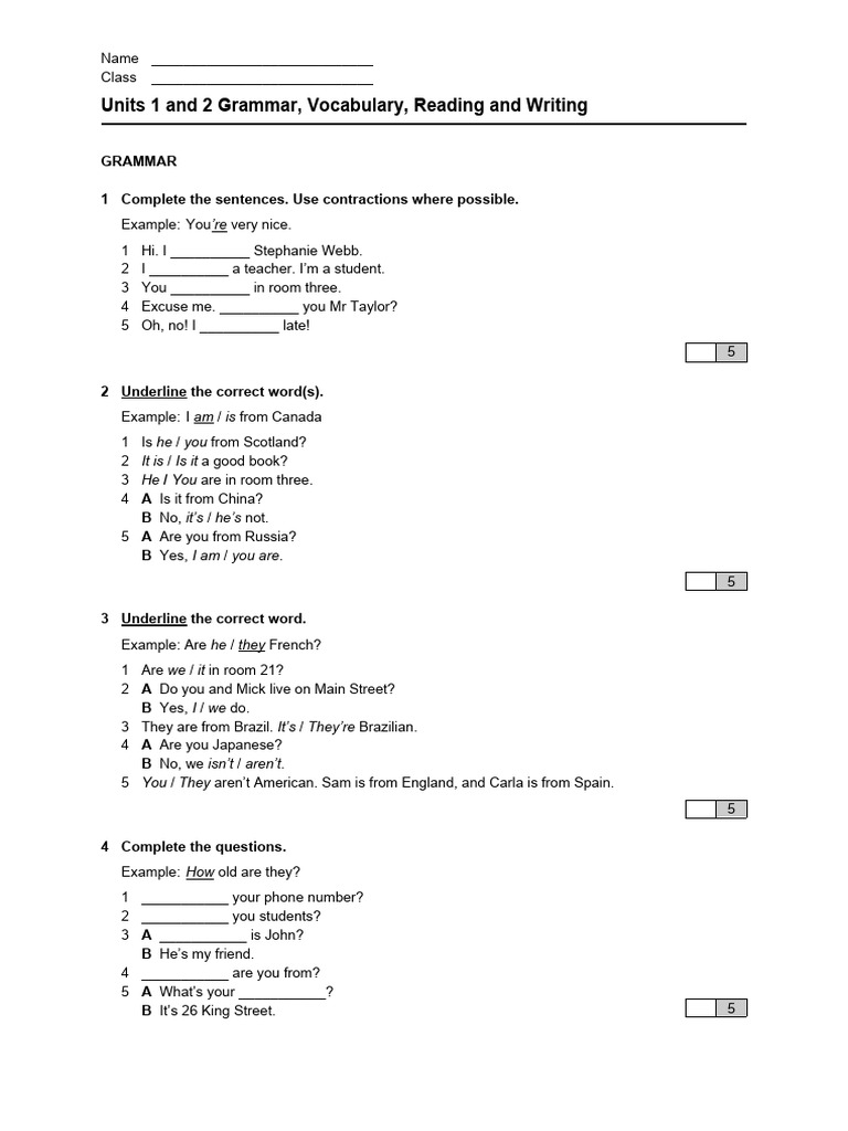 Test Wide Angle Units 1 and 2 | PDF