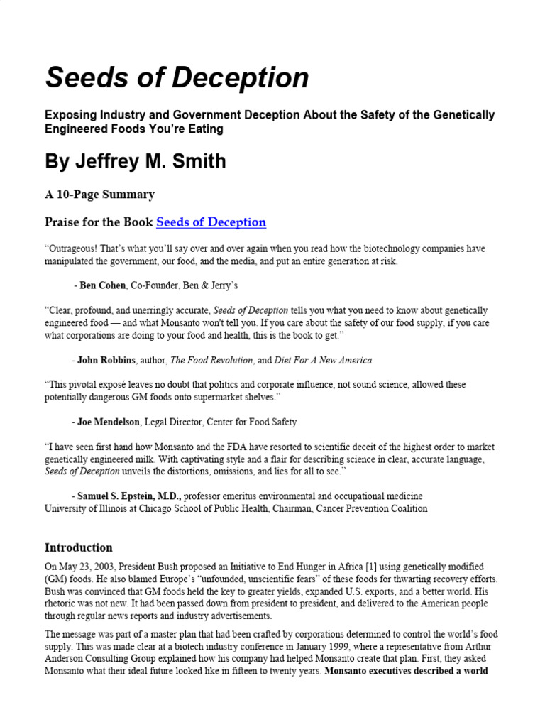 Jeffrey Smith Seeds of Deception 10 Page Summary | PDF | Allergy | Genetically Modified Food
