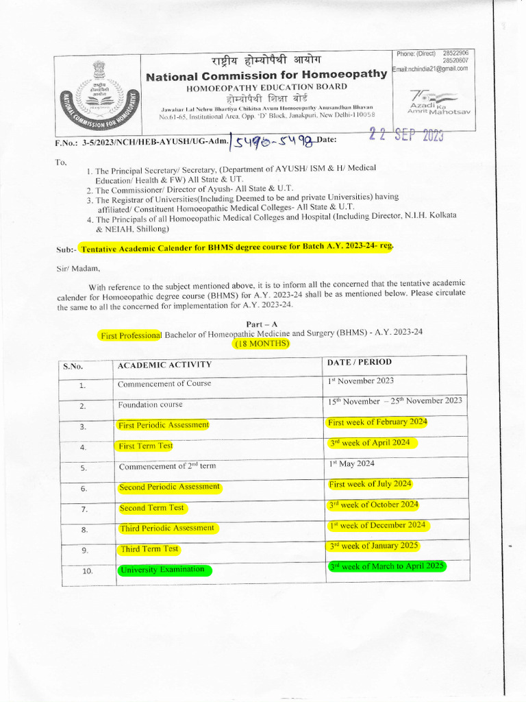 Academic Calendar 2023-24 Batch | PDF