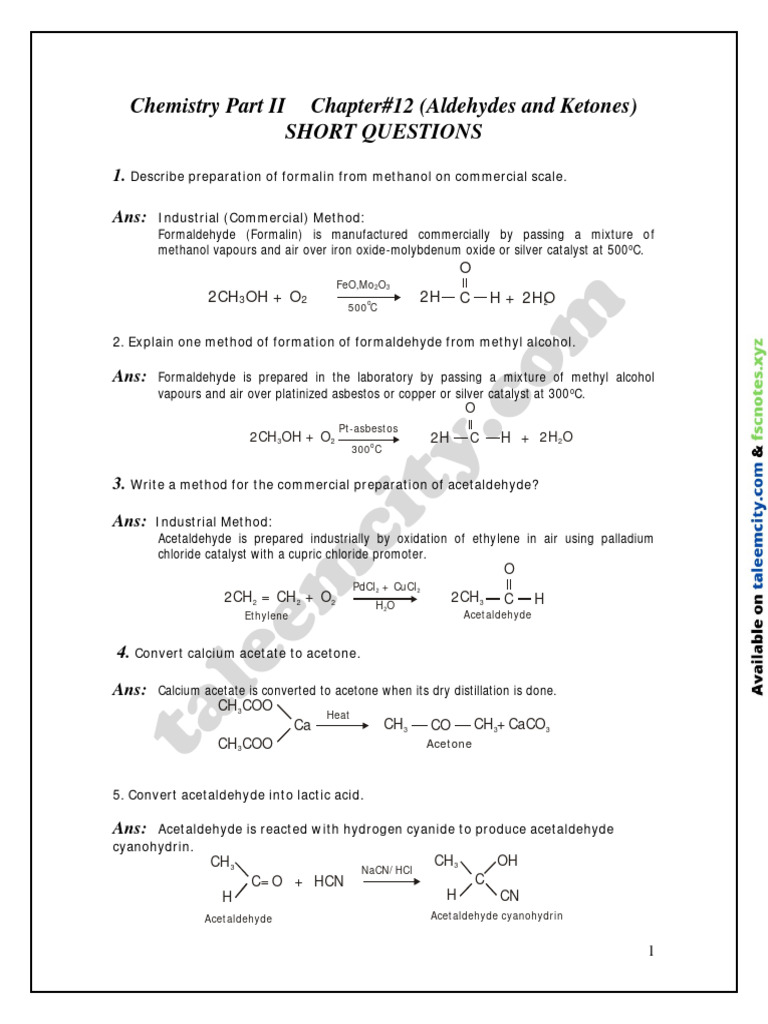 12th Chemistry Ch 12 Notes Pdf Aldehyde Ketone