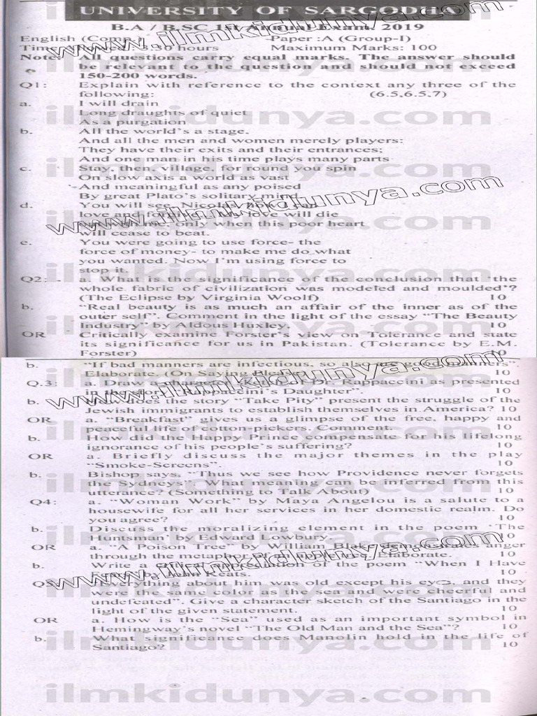 Past Paper 2019 University of Sargodha B.A B.SC 1st Annual English ...