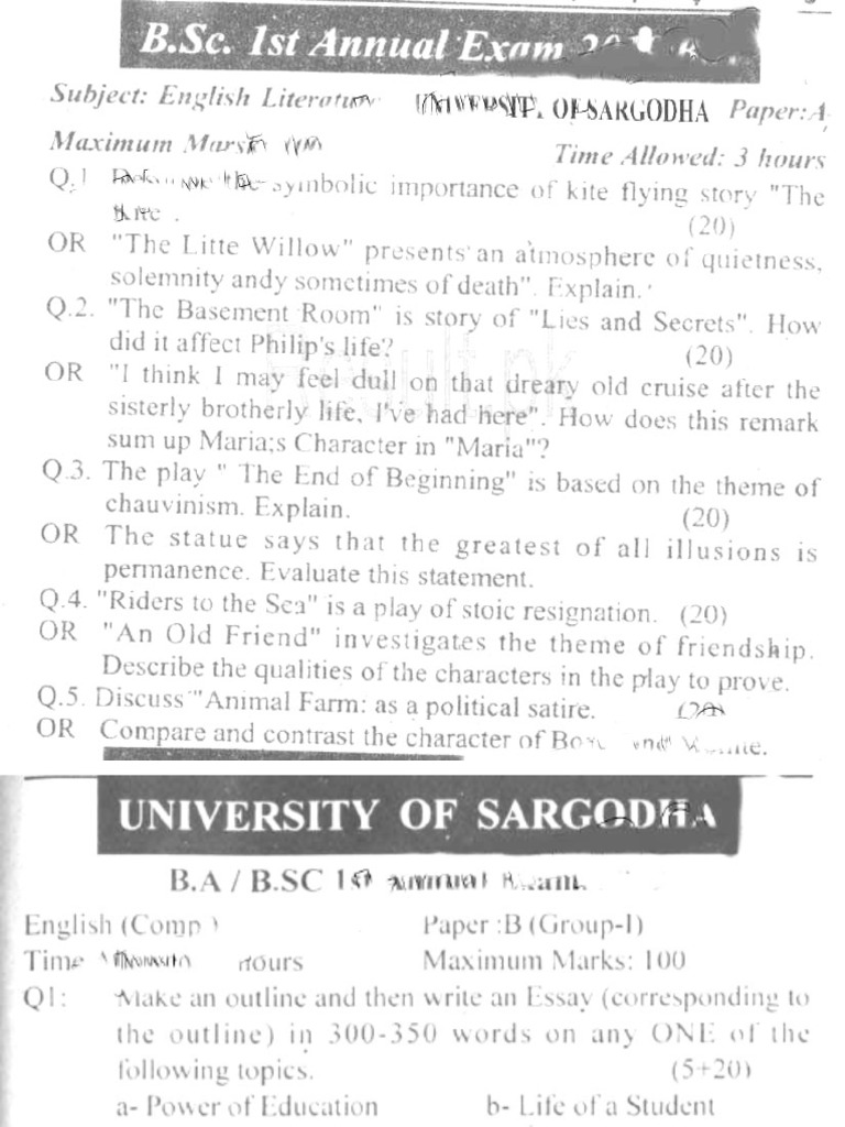 Sargodha University Ba BSC Part 1 2 English Past Papers PDF Download | PDF