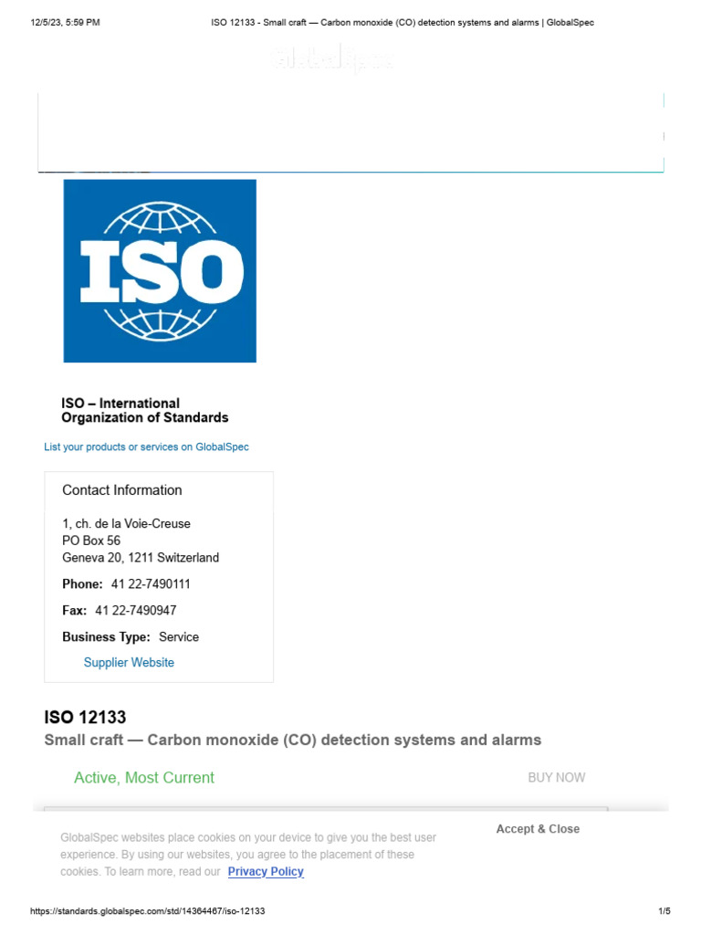 ISO 12133 - Small Craft - Carbon Monoxide (CO) Detection Systems and Alarms - GlobalSpec | PDF ...