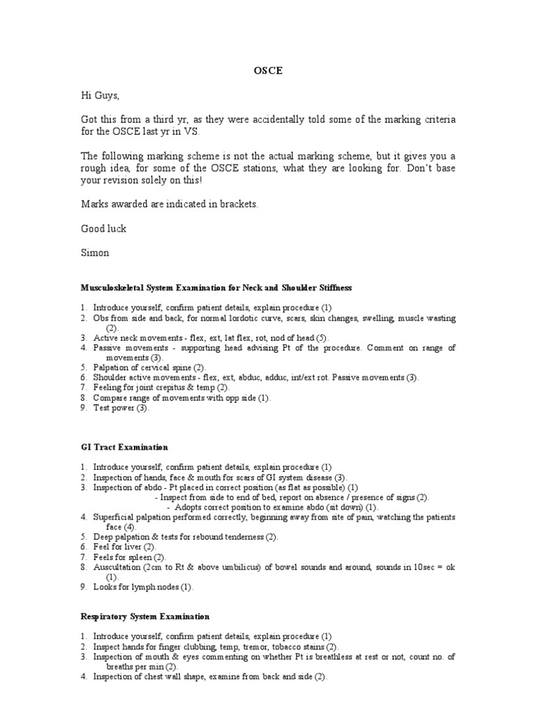 OSCE marking criteria guide for musculoskeletal, GI, respiratory, CNS ...
