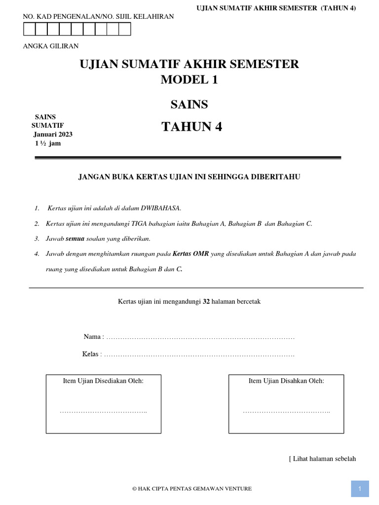 Uasa Sains Tahun 4 Set 1 | PDF