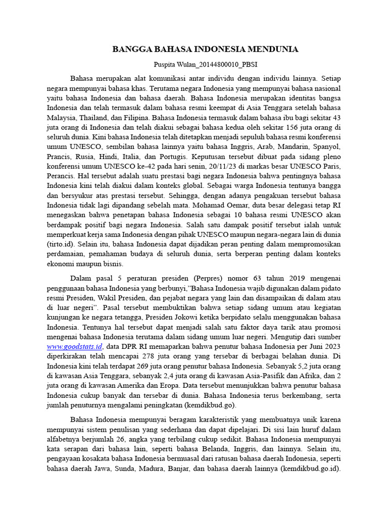 Esai Bangga Bahasa Indonesia Mendunia | PDF | Seni & Disiplin Bahasa | Kajian Bahasa Asing