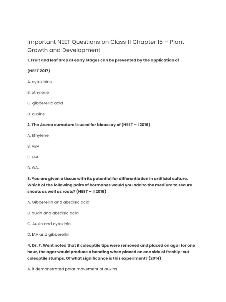 NEET Questions on Plant Growth | PDF