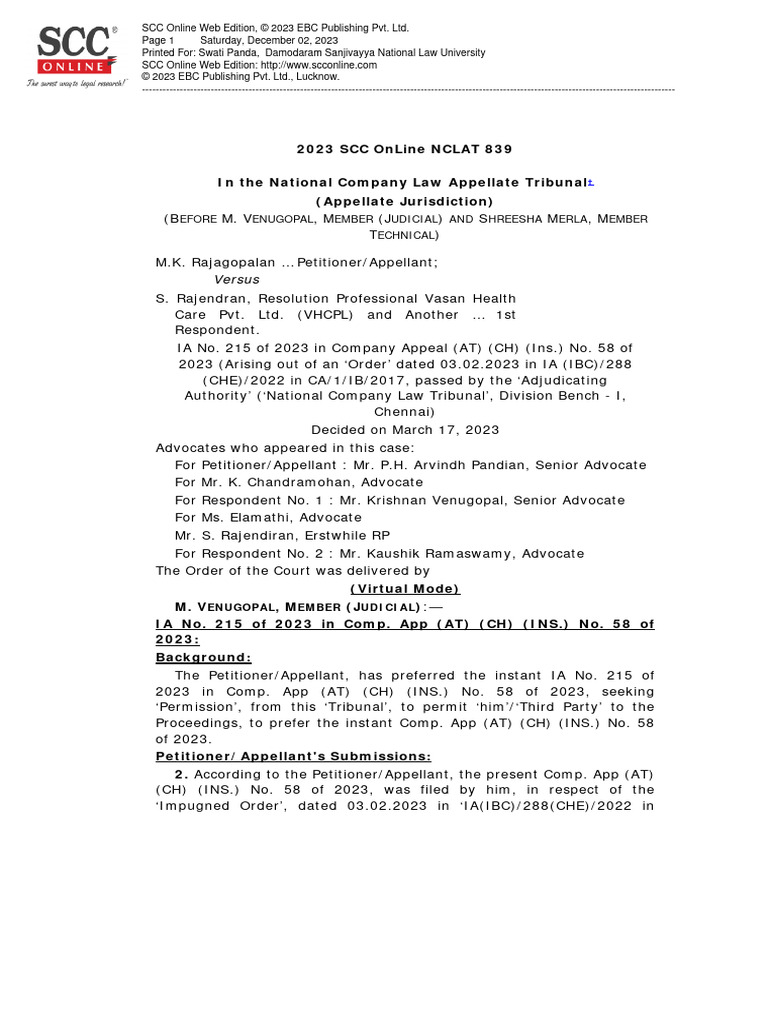 M.K. Rajagopalan V S. Rajendran, Resolution Professional VHCPL (2023 SCC OnLine NCLAT 839) | PDF ...