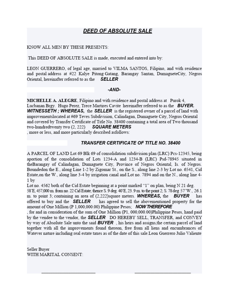Deed of Absolute Sale House | PDF | Environmental Law | Land Law