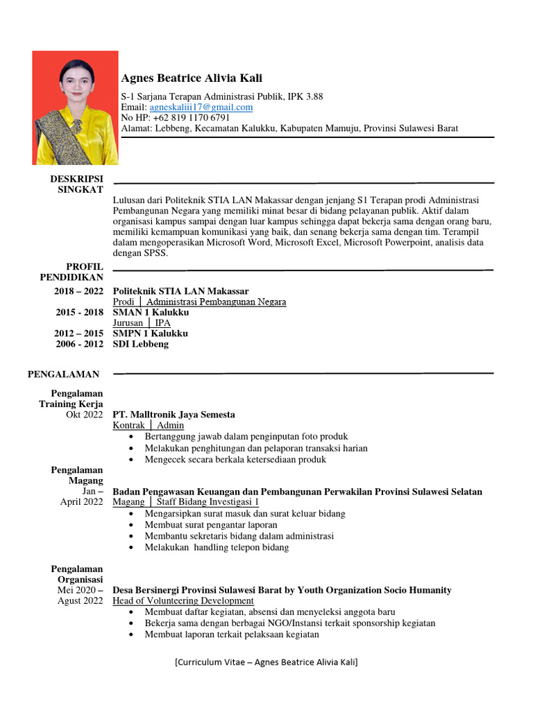 CV Agnes: Administrasi Publik | PDF | Karier & Perkembangan | Bisnis