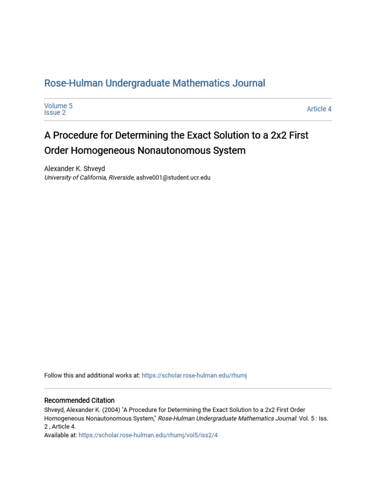 A Procedure For Determining The Exact Solution To A 2x2 First Ord Pdf Equations Nonlinear