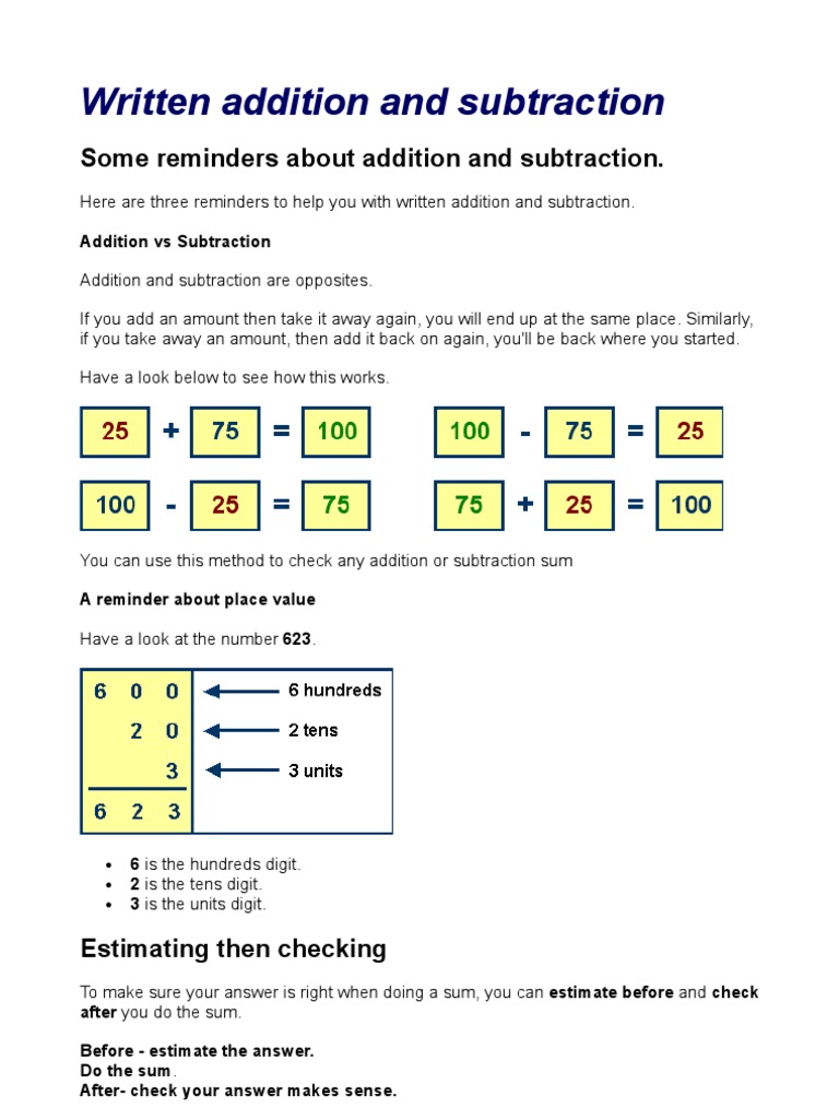 Written Addition and Subtraction Guide | PDF | Subtraction | Learning