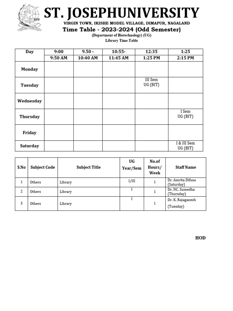 2023-24 - Library - TIME TABLE | PDF