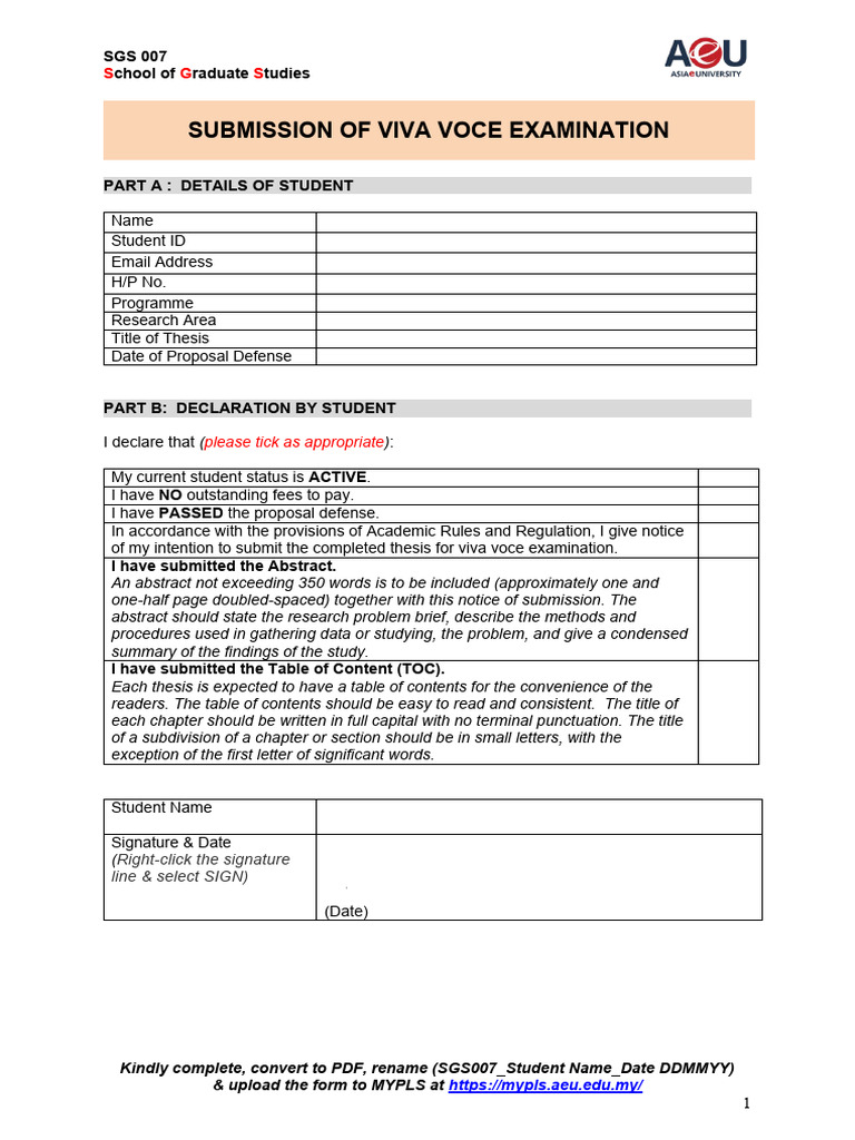 SGS Viva Voce Submission Form | PDF | Thesis