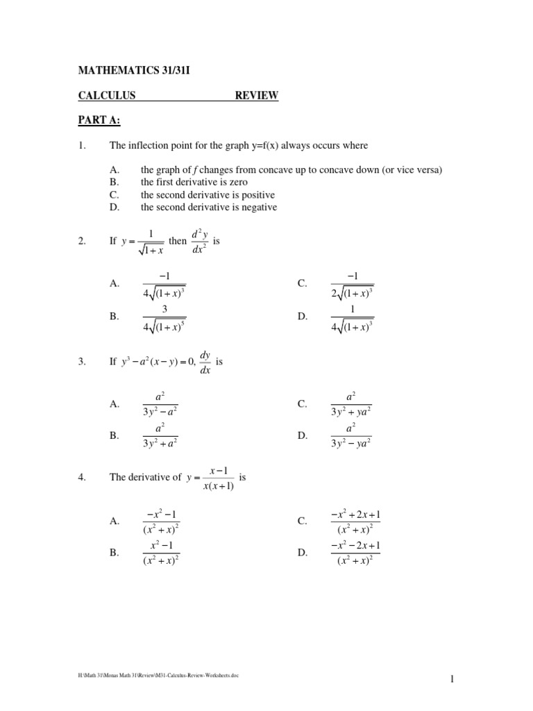 Calculus Review Worksheets for M31 | PDF | Tangent | Slope