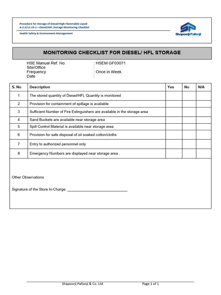 A-2.2-11-23-01-Diesel HFL Storage - Monitoring Checklist | PDF