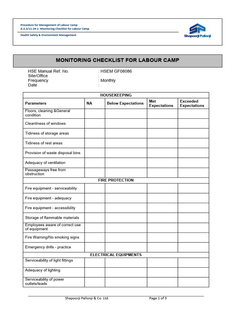 A-2.2-11-29-01 - Monitoring Checklist For Labour Camp | PDF | First Aid ...