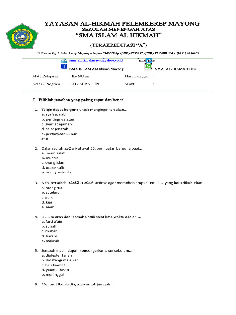 2) NU KLS XI Soal PSTS Gasal TA. 2023-2024 SMAI AJ | PDF | Agama & Spiritualitas