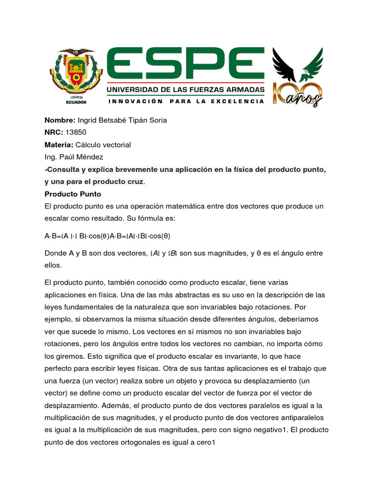 Deber Consulta Ingrid Tipan NRC 13850 | PDF | Vector Euclidiano | Escalar (Matemáticas)