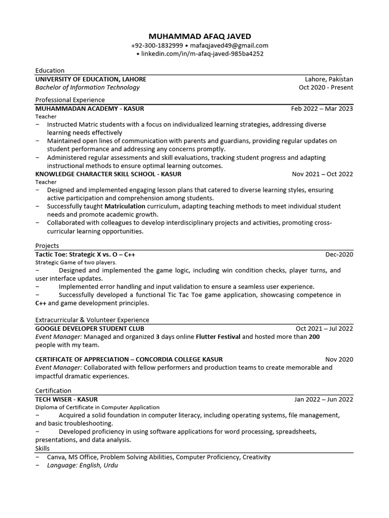 Afaq Resume | PDF | Learning | Teachers