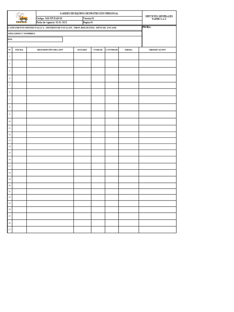 Sgi-Yf-Fad-06 Cardex de Equipos de Proteccion Personal | PDF