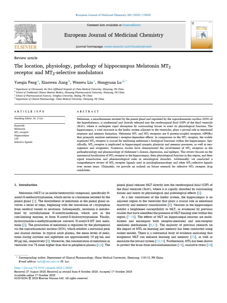 2023 The Location, Physiology, Pathology of Hippocampus Melatonin MT2 Receptor and MT2-Selective ...