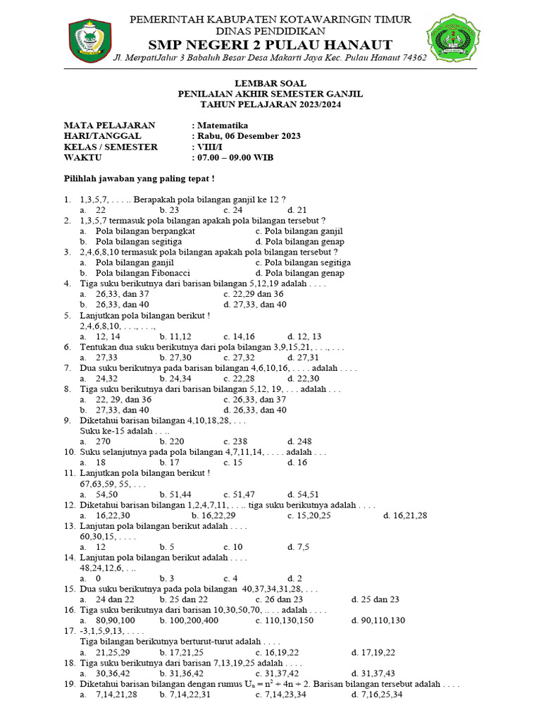 SOAL PAS MTK Kelas 8 SMT 1 2023-2024 - 031124 | PDF