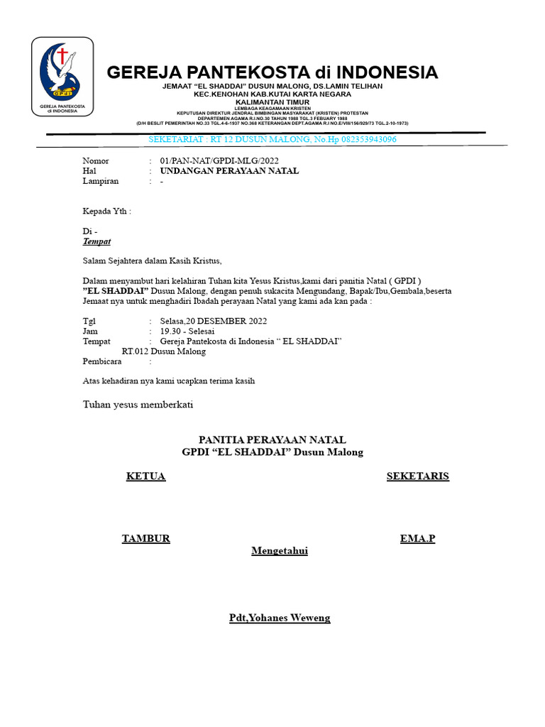 Surat Undangan Natal Gereja Gpdi | PDF | Agama & Spiritualitas