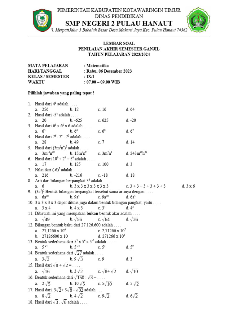 SOAL PAS MTK Kelas 9 SMT 1 2023-2024 - 031132 | PDF | Metode & Bahan Ajar