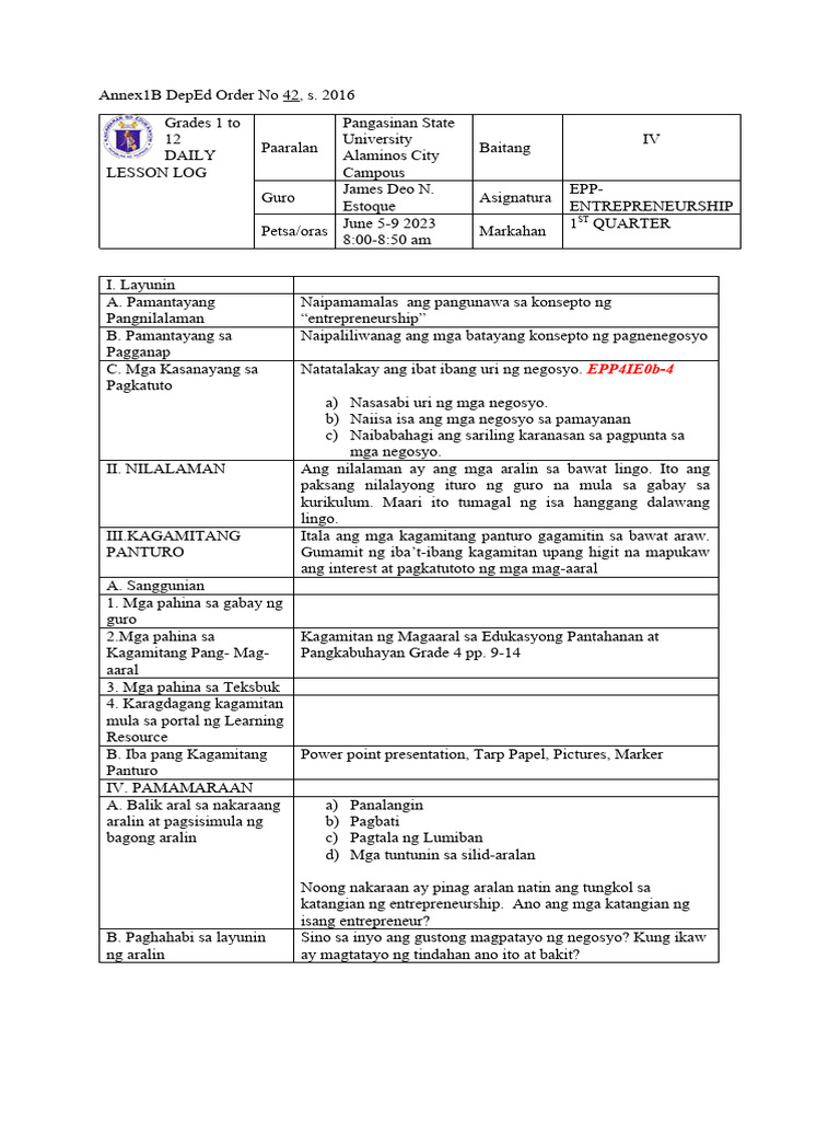 Activity EPP Lesson Plan ENTREP Demo | PDF