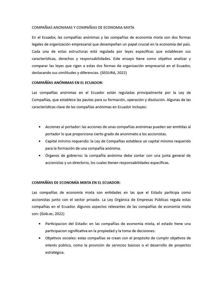 Compañias Anonimas y Compañias de Economia Mixta | PDF | Business ...