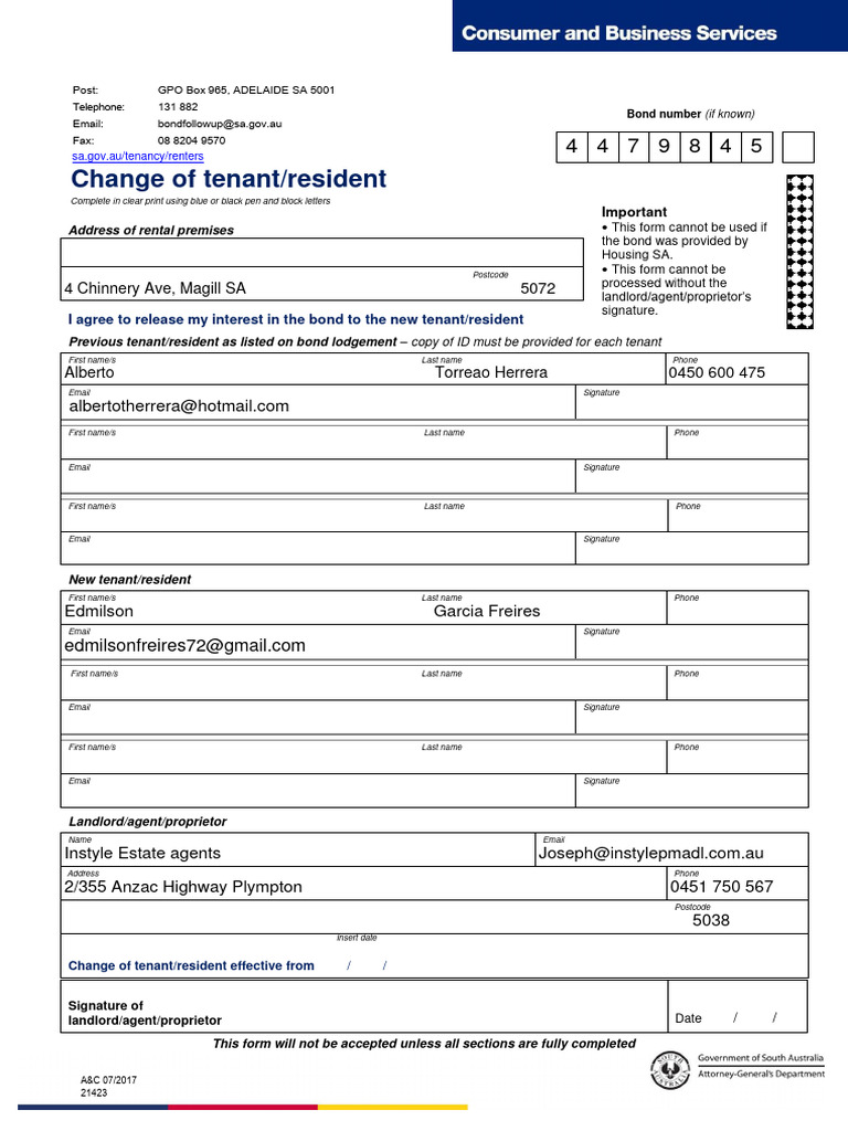 South Australia Tenant Bond Transfer Form | PDF | Real Property Law ...