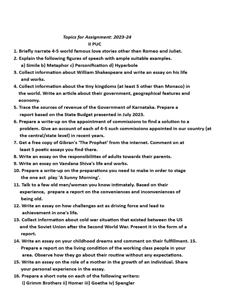 II PUC Assignment (Selected) Topics | PDF