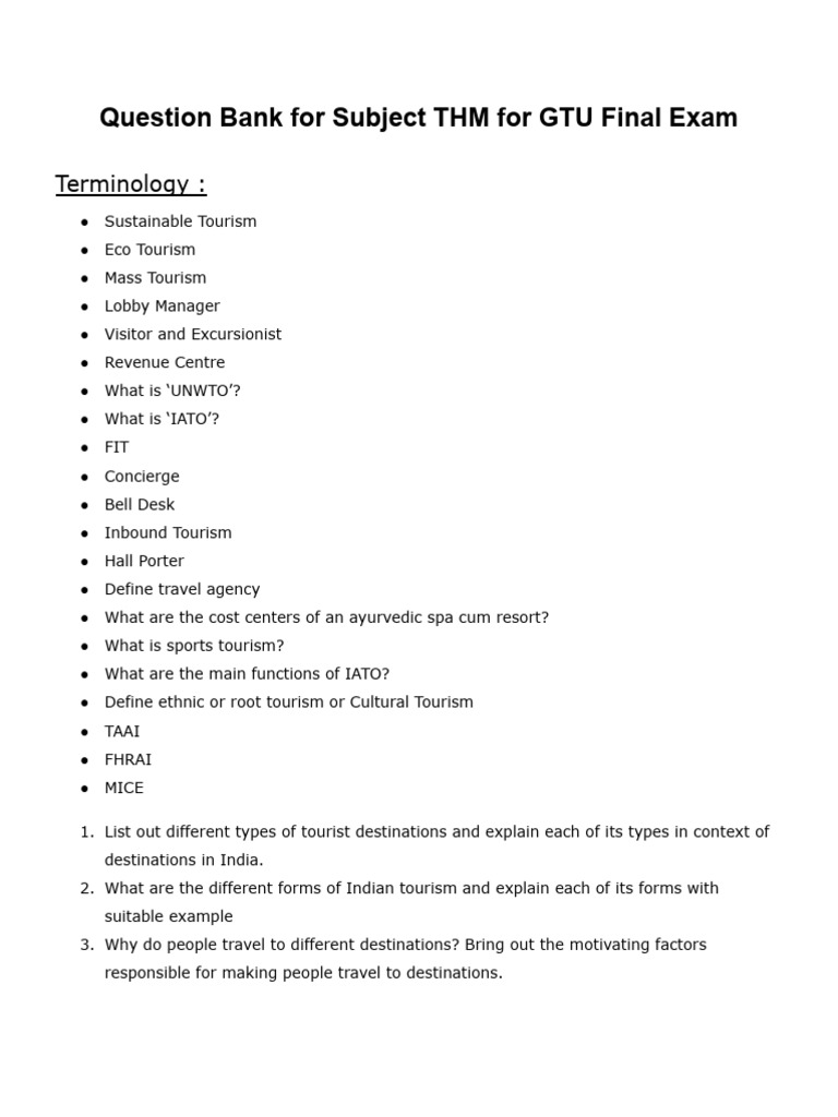 Question Bank For Subject THM For GTU Final Exam | PDF | Tourism | Hotel