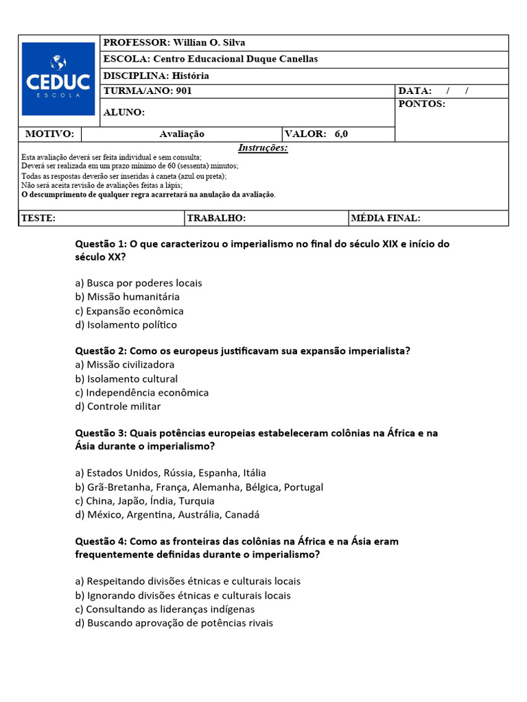 Prova de História 9 Ano 4 Bimestre | PDF