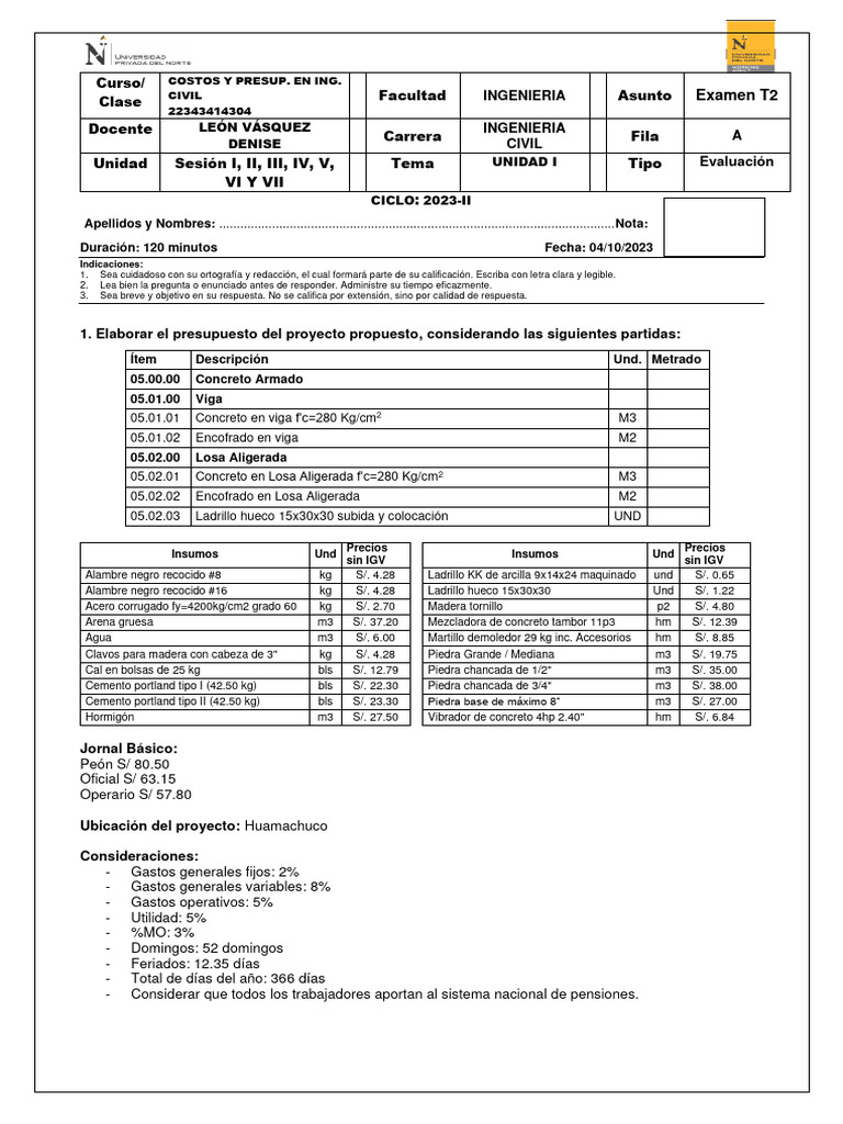 Examen T2 2023-2 | PDF | Hormigón | Materiales