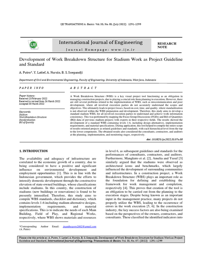 Development of Work Breakdown Structure For Stadium Work As Project ...