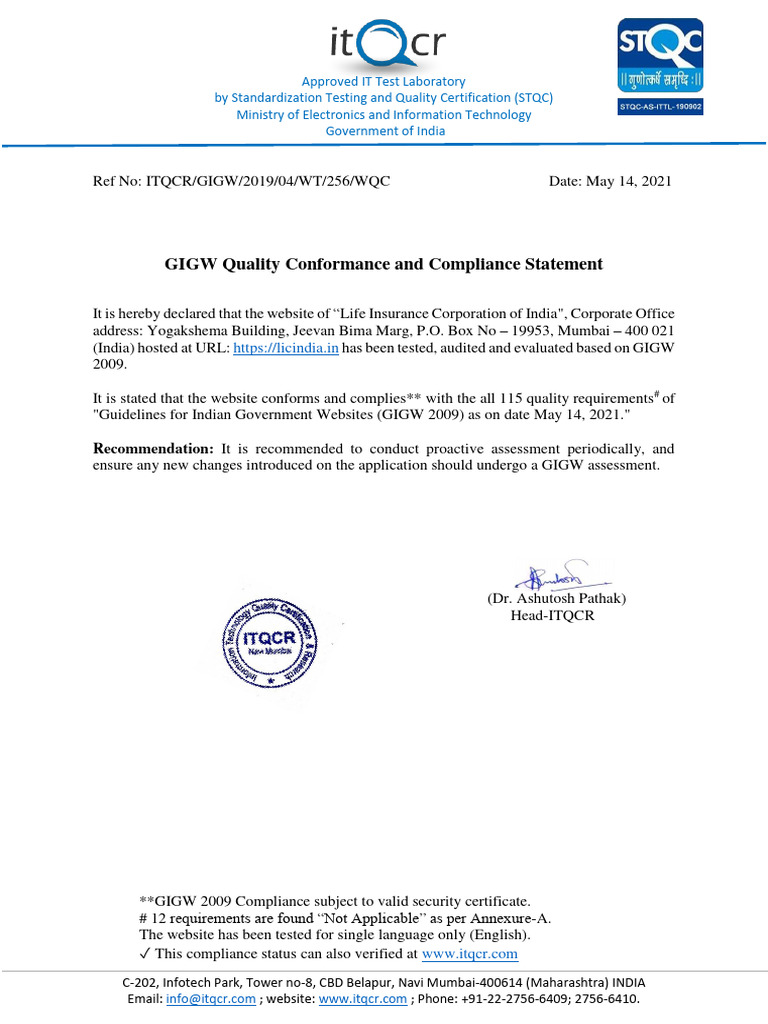 GIGW Compliance Statement for LIC Website | PDF