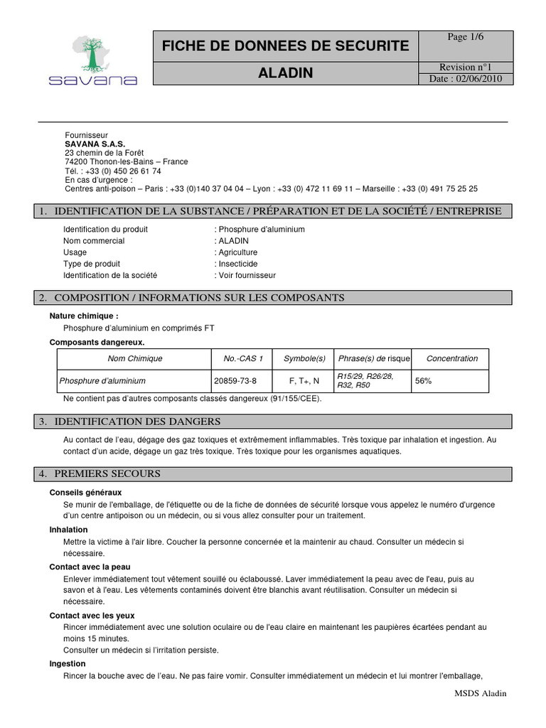 Fiche de sécurité : Phosphure d'aluminium | PDF | Eau | Chimie