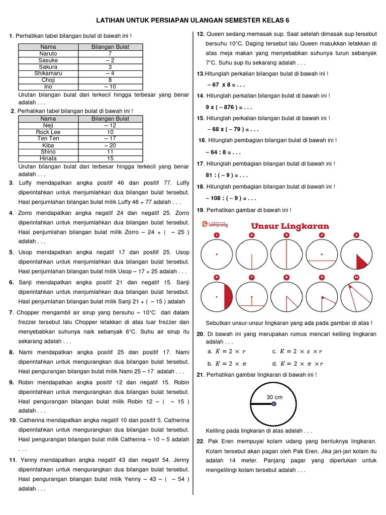 Latihan Untuk Persiapan Ulangan Semester Kelas 6-1 | PDF